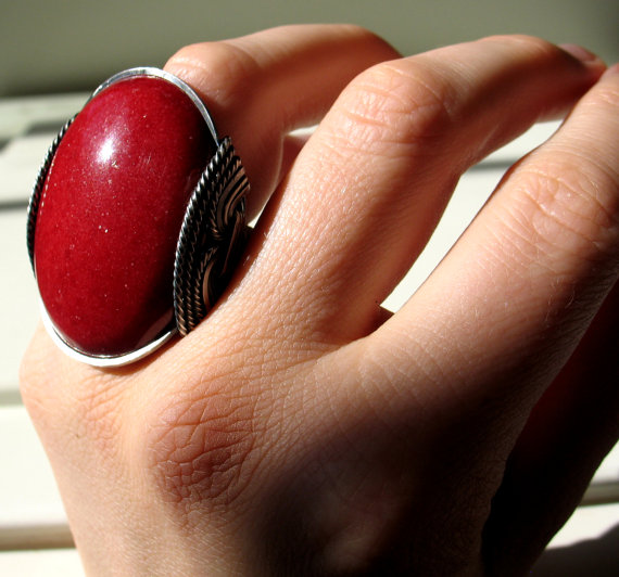 Cherry Red Ring, Oxidized Sterling Silver, Chunky Oval Handmade ...