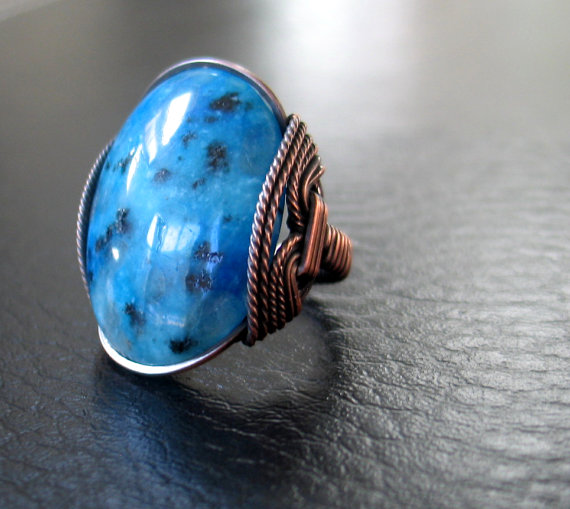 Peacock Teal Blue Ring, Jasper Stone, Oxidized Copper, Wire Wrapped on ...