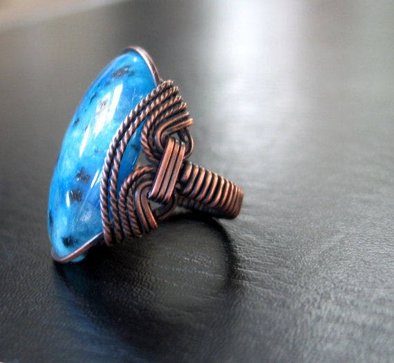 Peacock Teal Blue Ring, Jasper Stone, Oxidized Copper, Wire Wrapped on ...