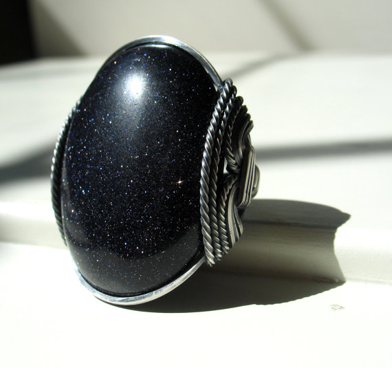 Starry Goldstone Ring, Dark Blue, Oxidized Sterling Silver, Big Chunky ...