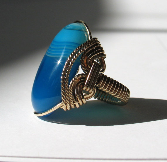 Tropical Ocean Ring, Sky Blue Agate, Turquoise Blue, Gold Fill ...