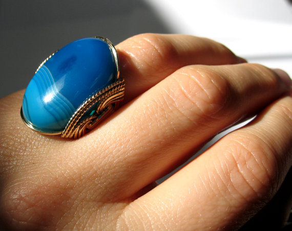 Tropical Ocean Ring, Sky Blue Agate, Turquoise Blue, Gold Fill ...