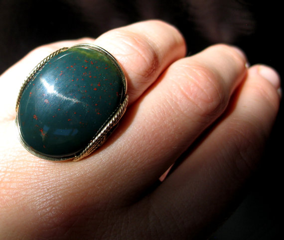 Forest Green Ring, Bloodstone, Gold Fill, Chunky Stone Ring, Mens Ring ...