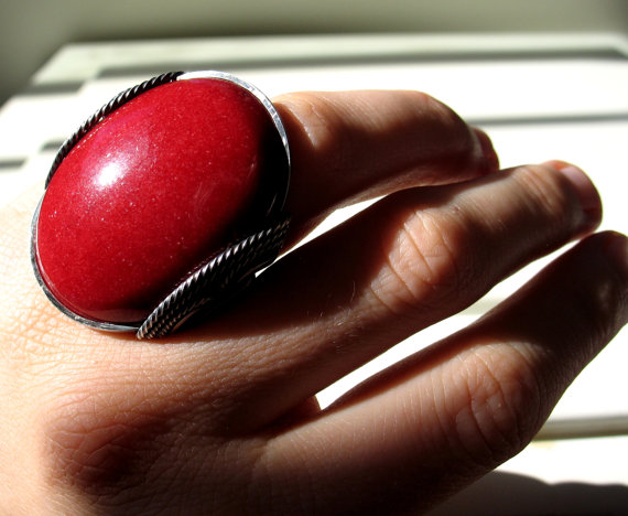 Cherry Red Ring, Oxidized Sterling Silver, Chunky Oval Handmade ...