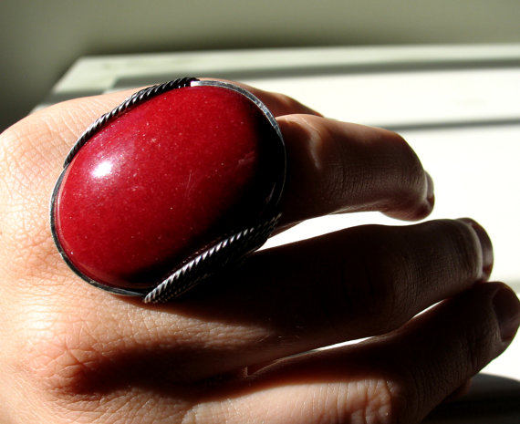 Cherry Red Ring, Oxidized Sterling Silver, Chunky Oval Handmade ...